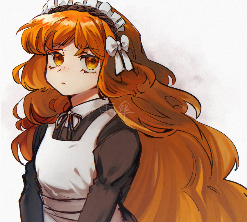 Safebooru - 1girl apron black dress black ribbon brown hairband cowboy shot dress hairband ...