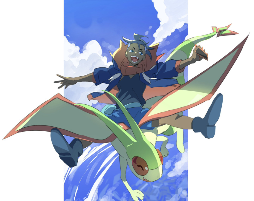 Safebooru - 1boy black hair black shirt blue eyes blue shorts clouds ...