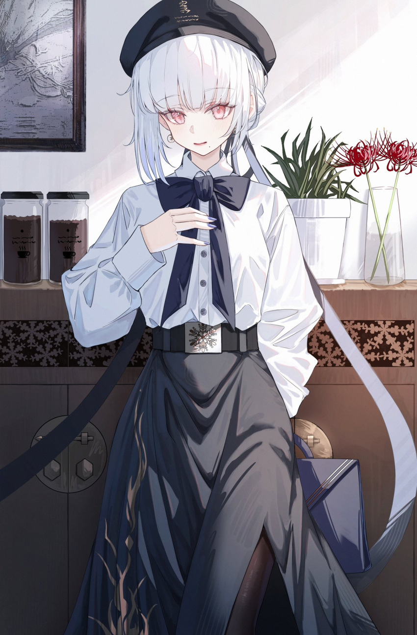 Safebooru - 1girl alternate costume bag belt beret black belt black bow ...