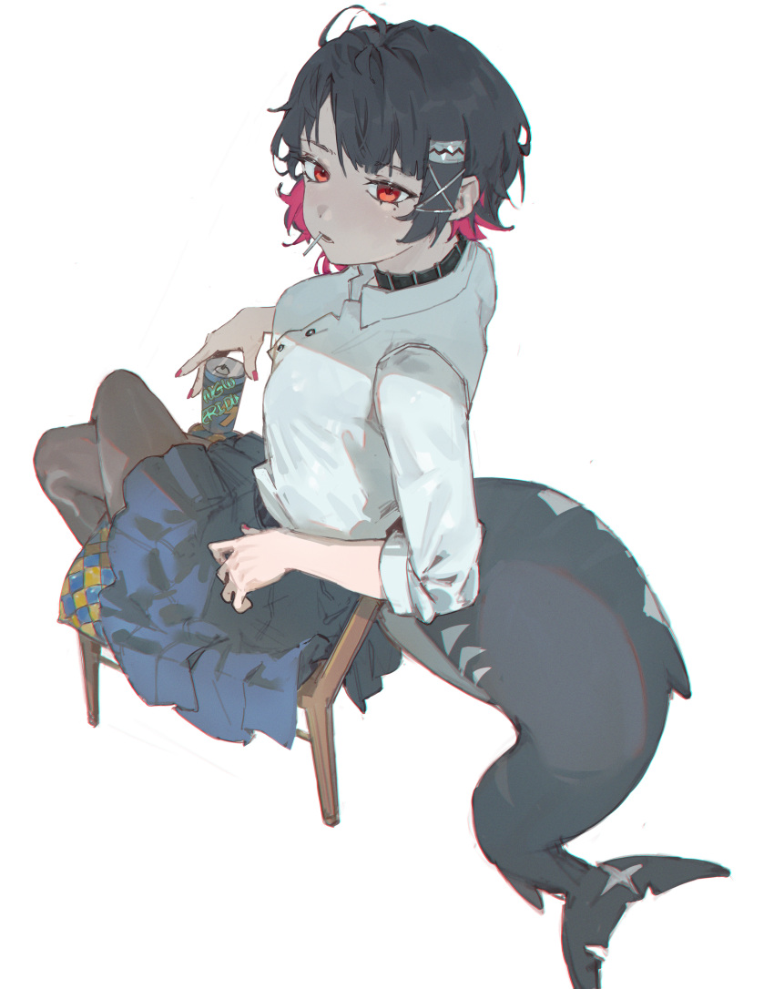 Safebooru - 1girl absurdres black hair black pantyhose blue skirt can colored inner hair crossed ...