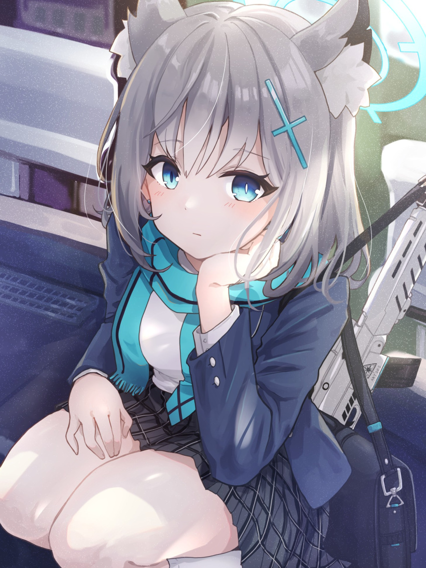 Safebooru - 1girl animal ears assault rifle bag black skirt blue archive blue eyes blue jacket ...