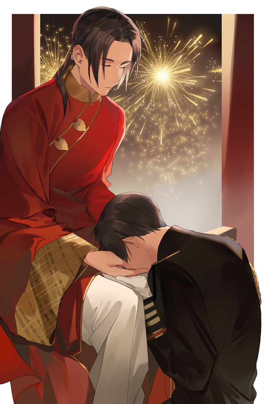 Safebooru - 2boys axis powers hetalia back black hair black jacket black sky border brown hair ...