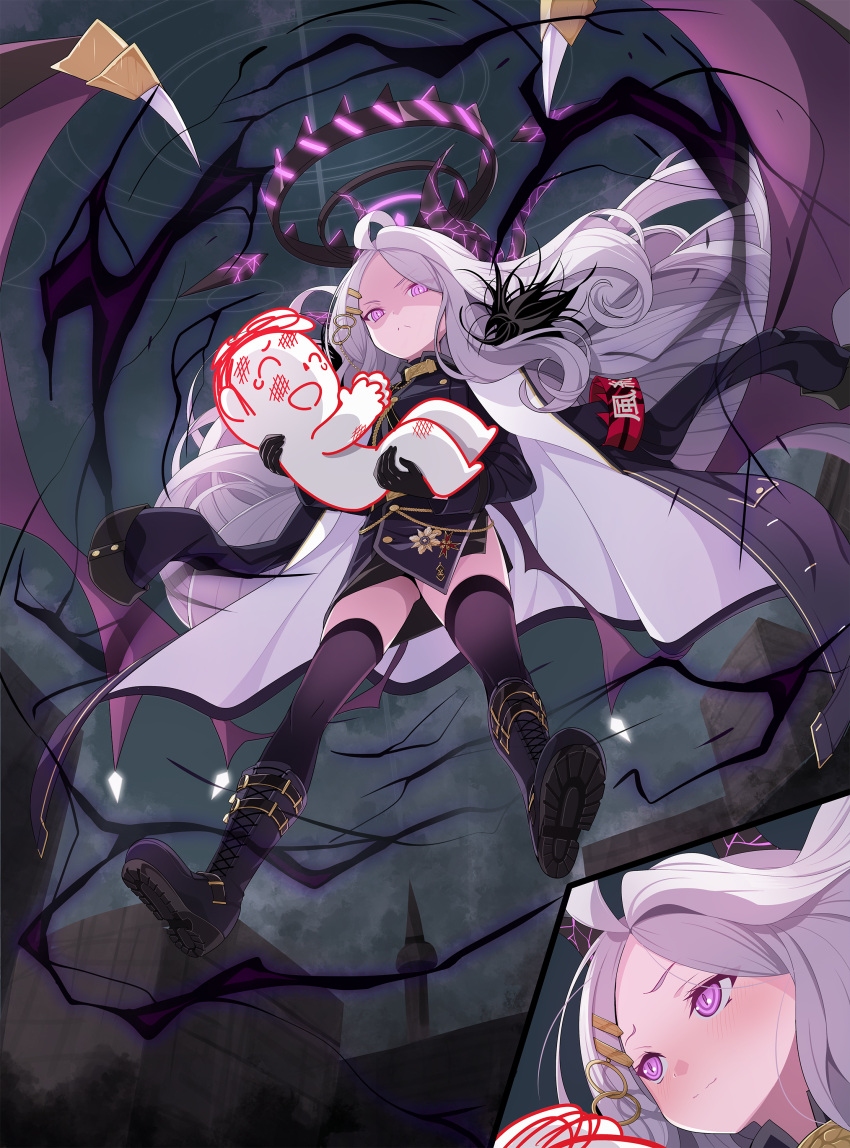 Safebooru - >:( 1boy 1girl :d absurdres ahoge armband black boots black jacket black skirt blue ...