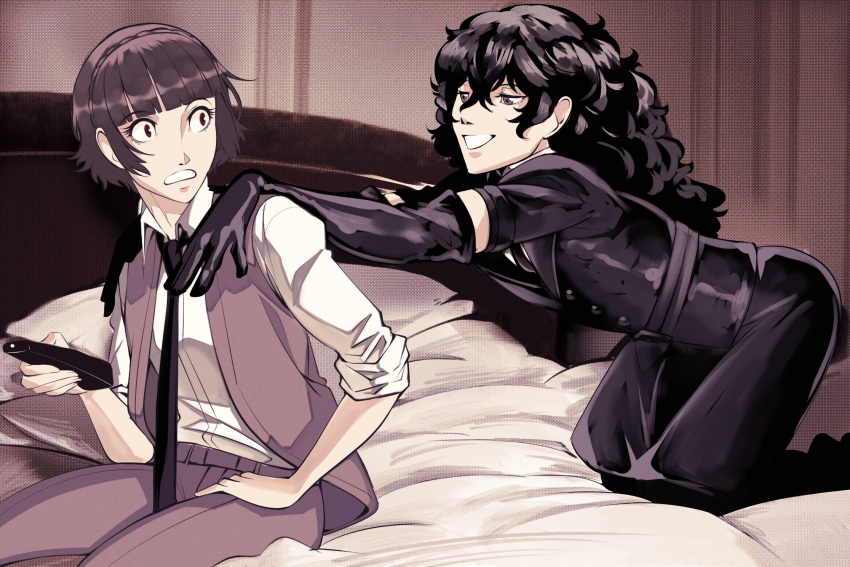 Safebooru - 1boy 1girl amamiya ren bent over black coat black eyes black gloves black hair black ...