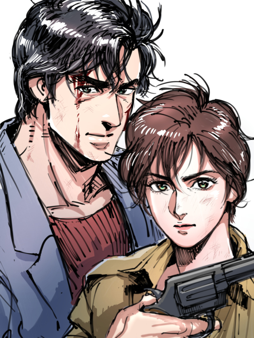 Safebooru - 1boy 1girl black hair blood blood on face blue jacket brown hair city hunter ...