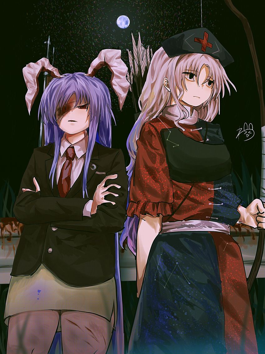 Safebooru - 2girls absurdres animal ears bandage over one eye bandages black eyes black jacket ...