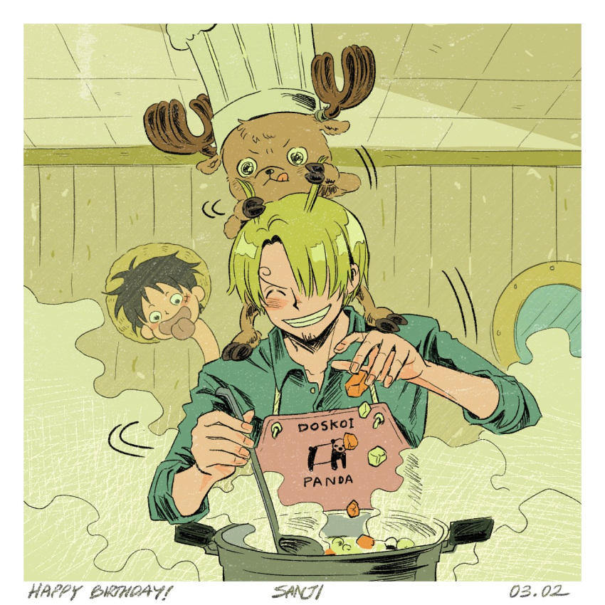 Safebooru - 3boys ^ ^ antlers apron blonde hair blue shirt closed eyes ...