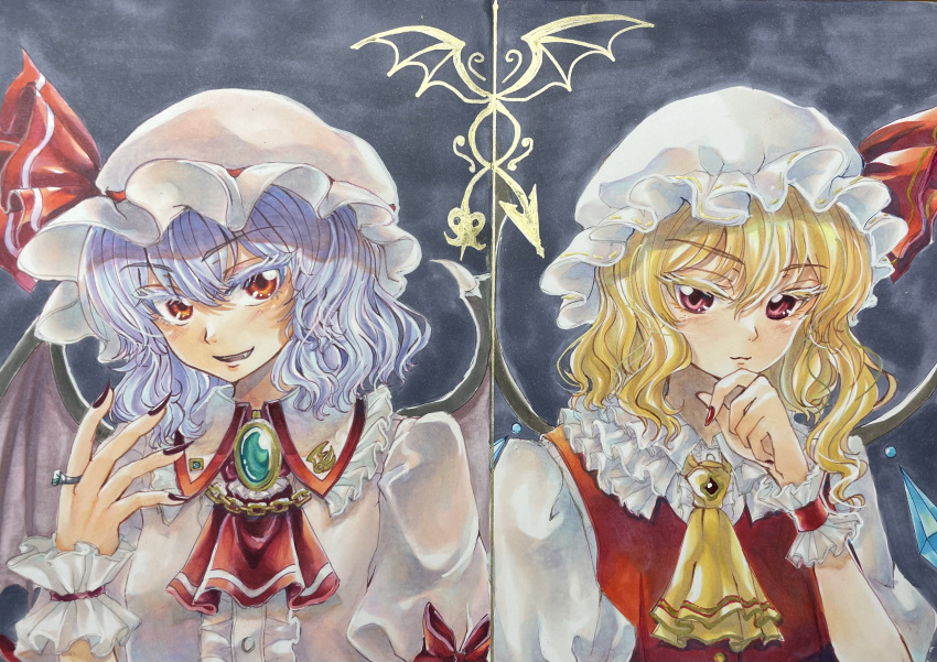 Safebooru - 2girls absurdres ascot bat wings blonde hair blue hair brooch crystal crystal wings ...