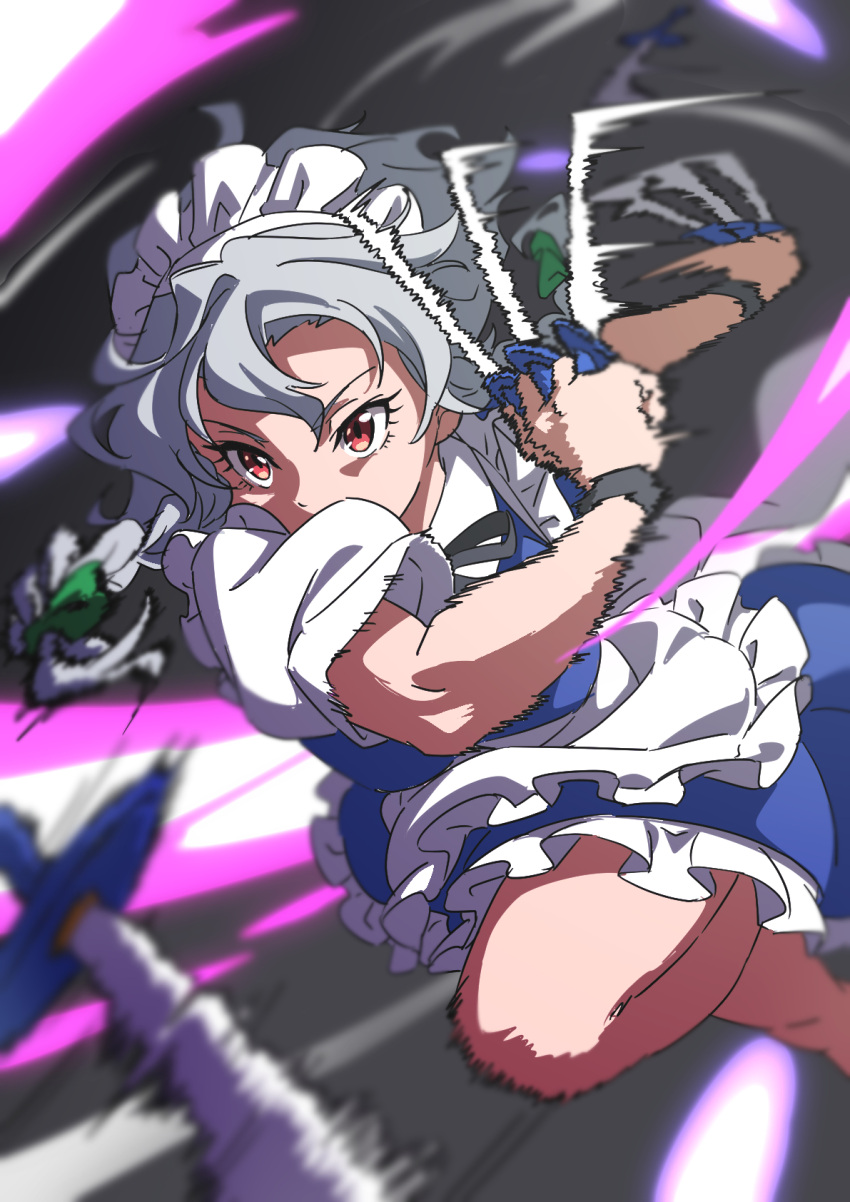 Safebooru 1girl Apron Blue Dress Braid Danmaku Dress Frills Grey Hair 6800