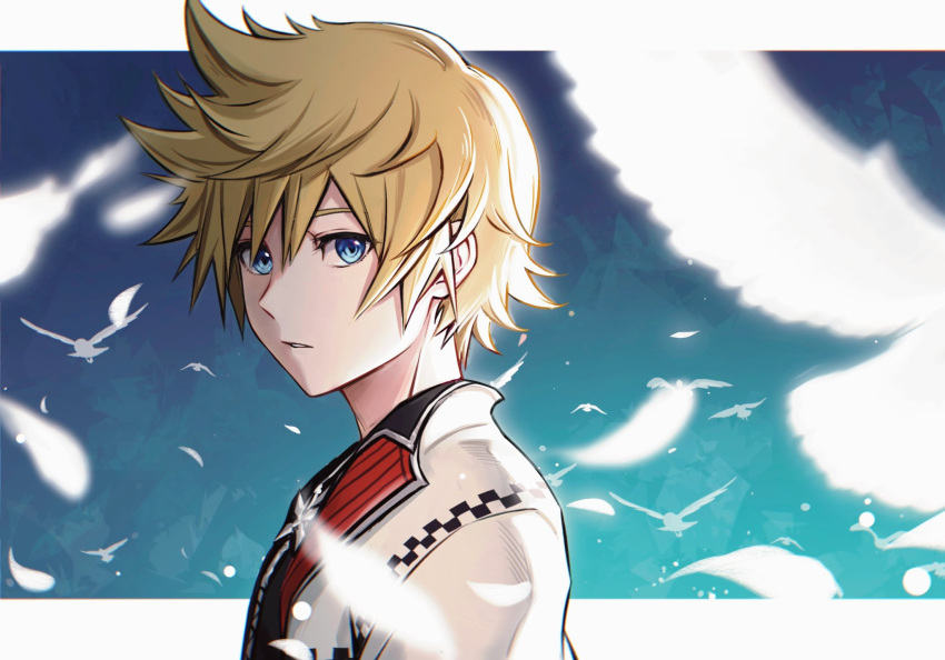 Safebooru - 1boy bird blonde hair blue background blue eyes commentary dove english commentary ...