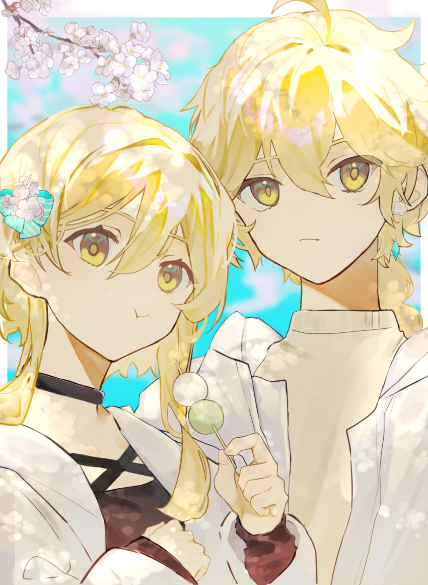 Safebooru - 1boy 1girl aether (genshin impact) ahoge blonde hair braid earrings eating flower ...