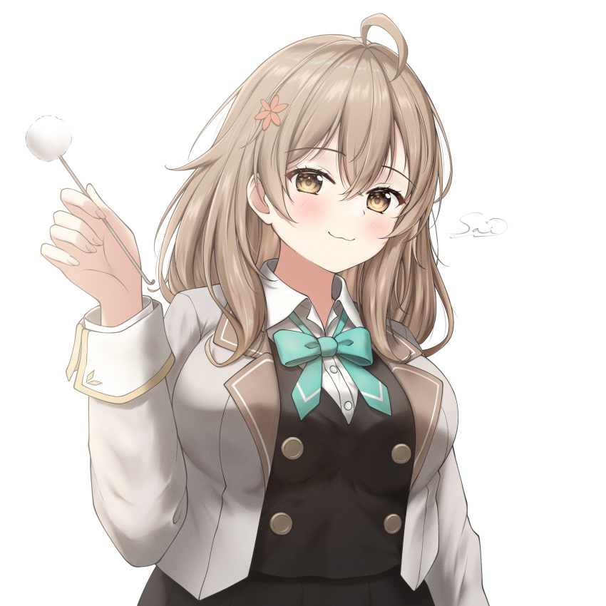 Safebooru - 1girl :3 ahoge aqua bow aqua bowtie black vest blazer blush bow bowtie closed mouth ...