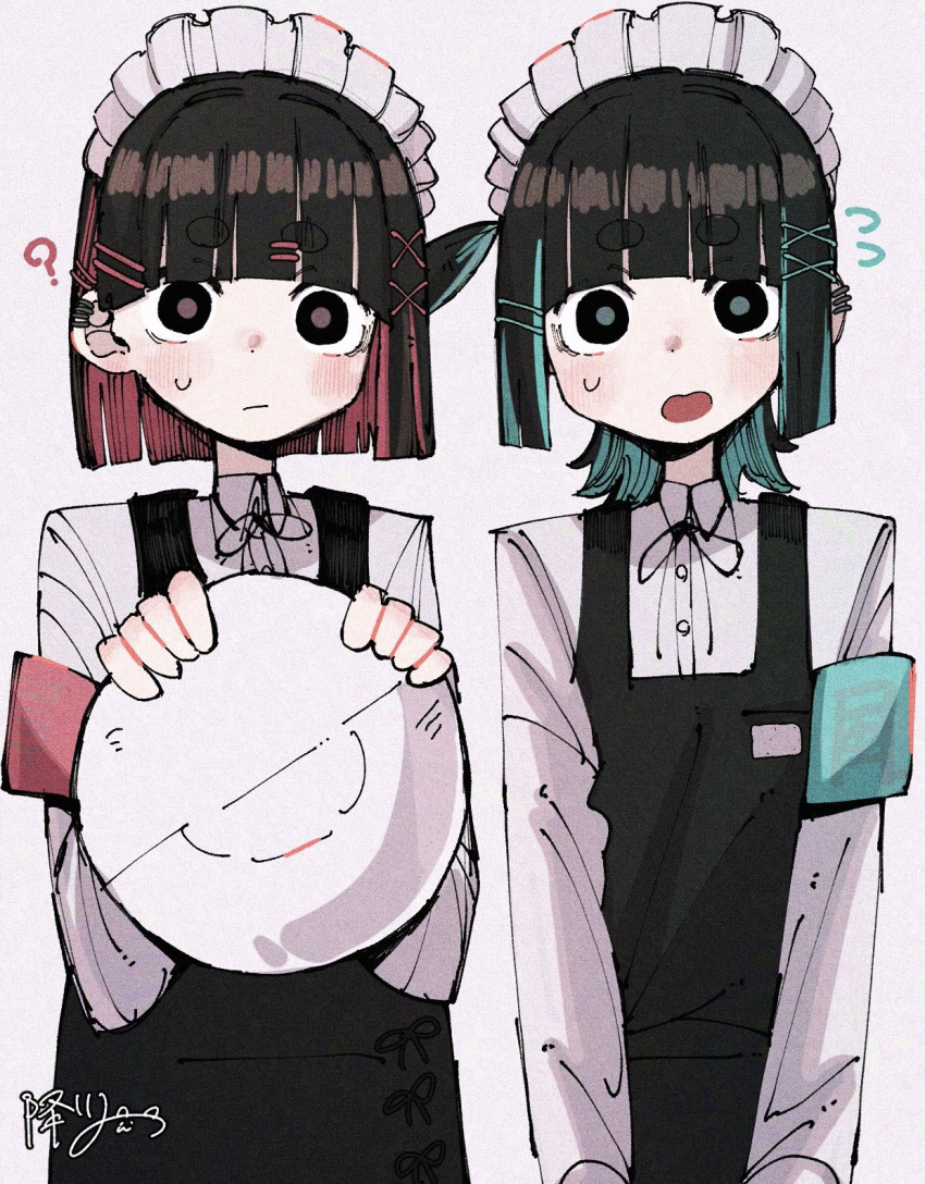 Safebooru - 2girls ? aqua hair armband black dress black eyes black hair blunt ends blush closed ...