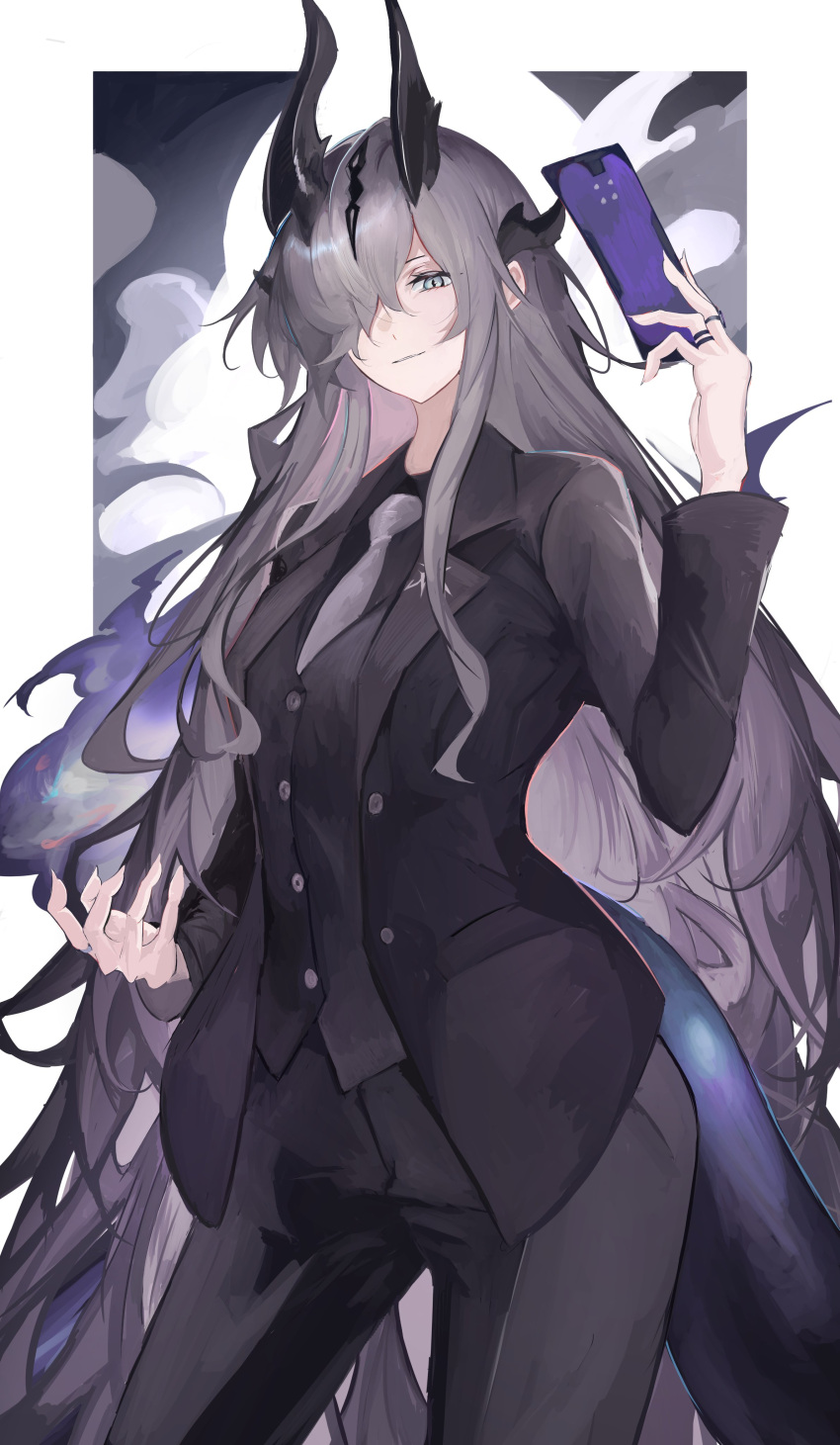 Safebooru - 1girl absurdres alternate costume arknights black horns black jacket black pants ...