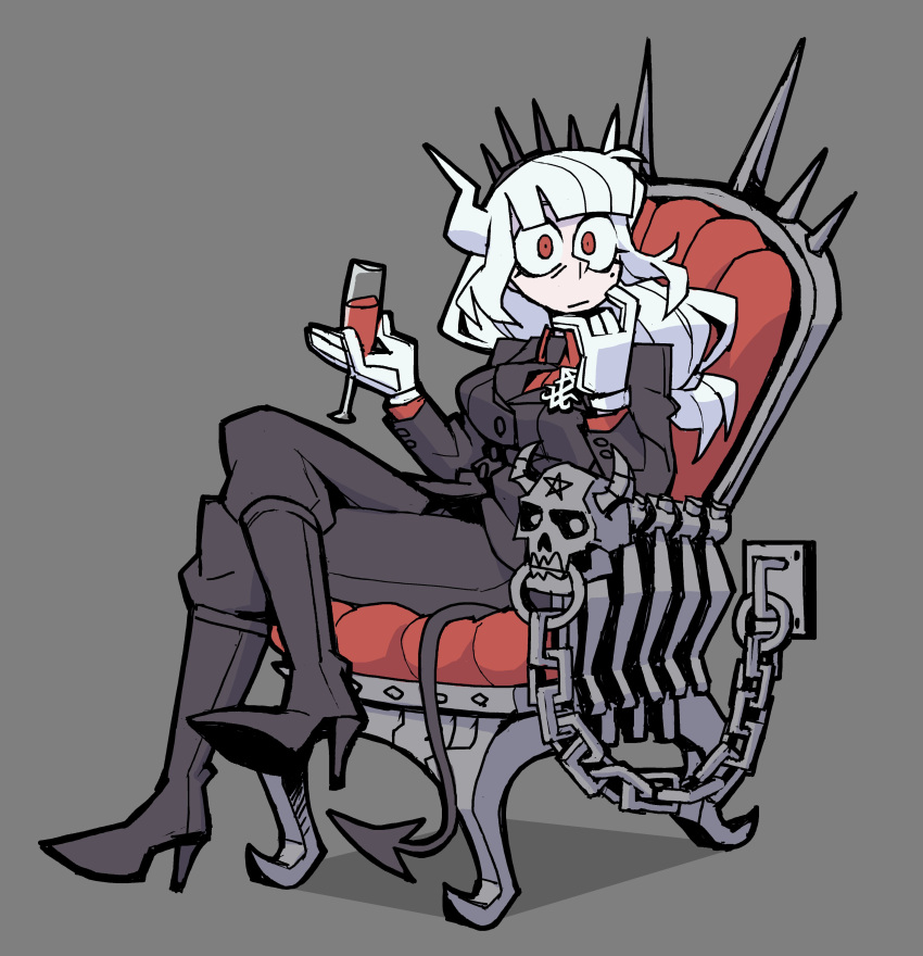 Safebooru - 1girl :i absurdres black boots boots breasts chain chair cup demon girl demon horns ...