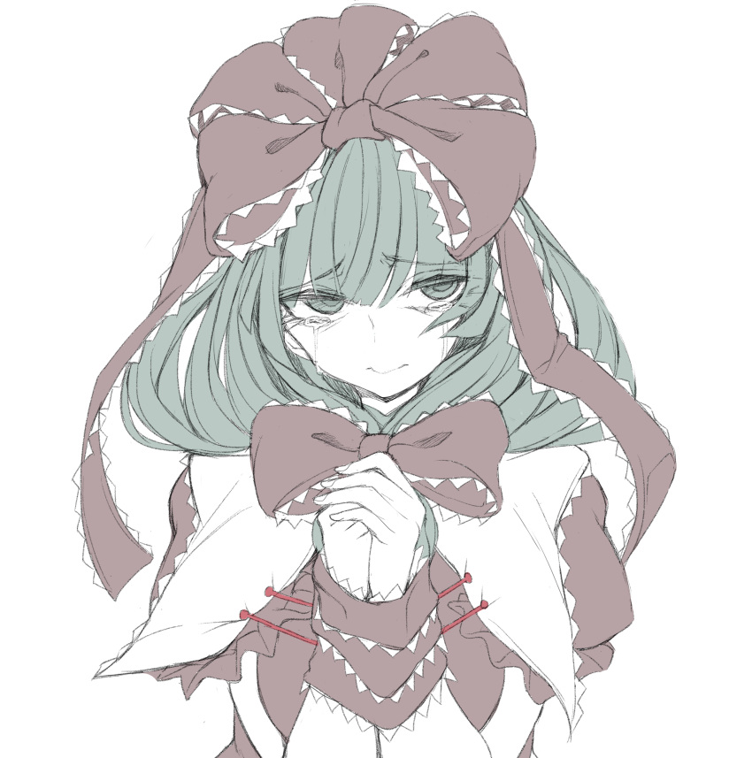 Safebooru - 1girl bound bound wrists bow front ponytail green eyes green hair highres kagiyama ...