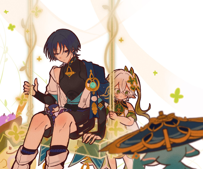 Safebooru - 1boy 1girl anemo symbol (genshin impact) aranara (genshin impact) arm at side arm ...