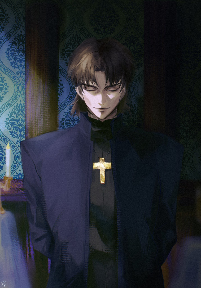 Safebooru - 1boy blue coat candle candlestand closed eyes coat cross ...