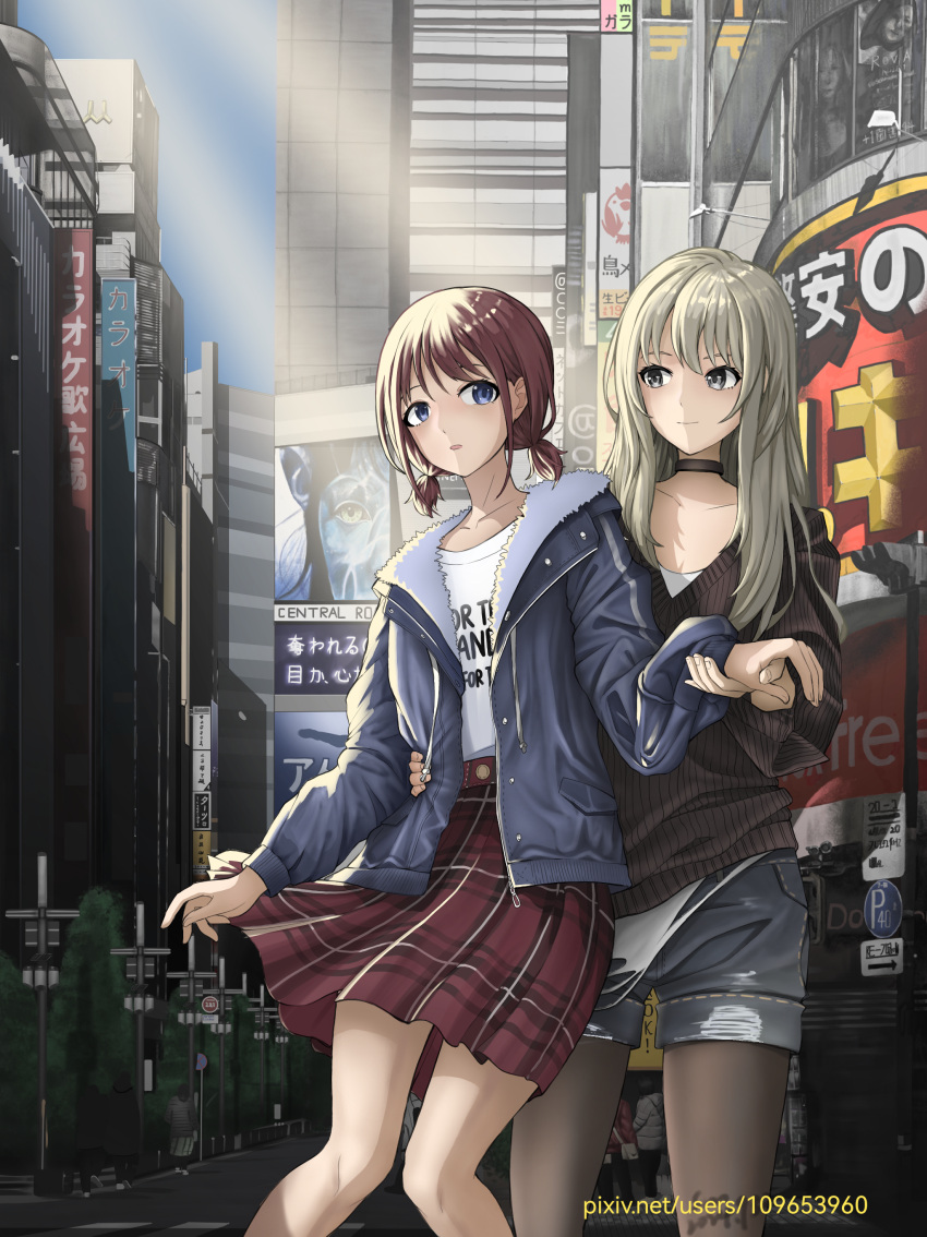 Safebooru - 2girls absurdres awa subaruu (artist) billboard black choker black pantyhose black ...