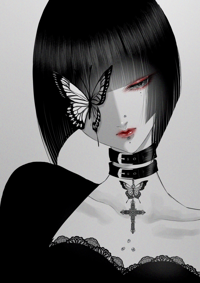 Safebooru - 1girl absurdres belt collar black choker black dress black hair blunt bangs ...