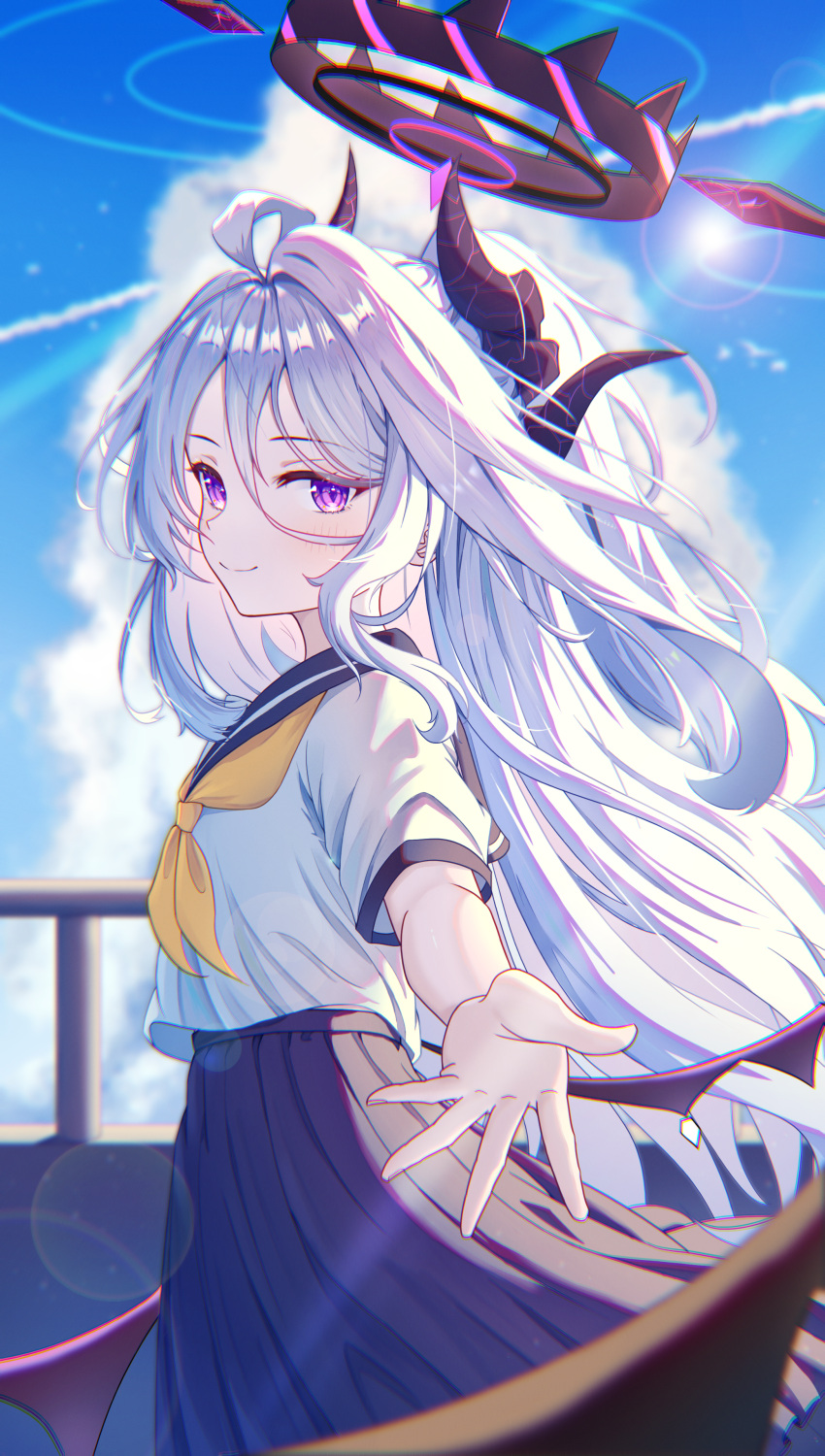 Safebooru - 1girl absurdres ahoge black halo blue archive blue skirt blue sky blush breasts ...