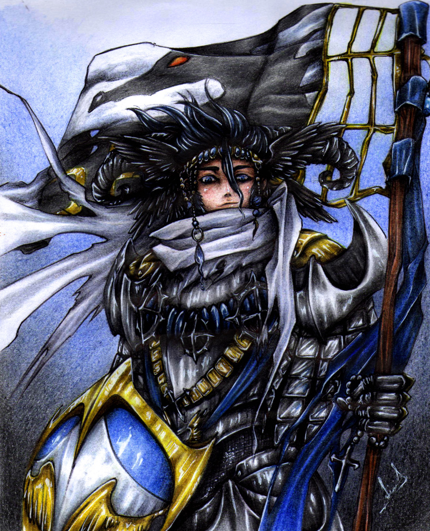 Safebooru - 1boy armor black horns black wings blonde hair blue eyes blue hair breastplate ...