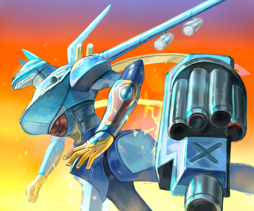 Safebooru - 1boy absurdres arm cannon armor blue armor cowboy shot ...