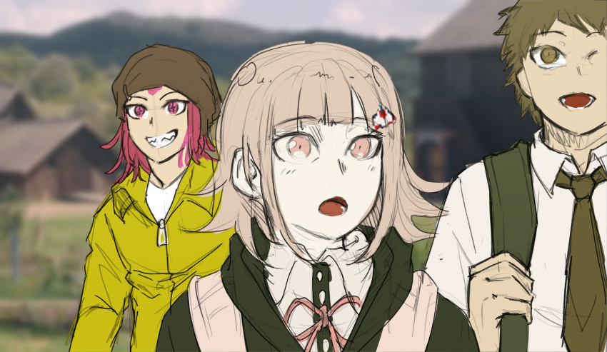 Safebooru - 1girl 2boys :d :o absurdres blurry blurry background brown ...