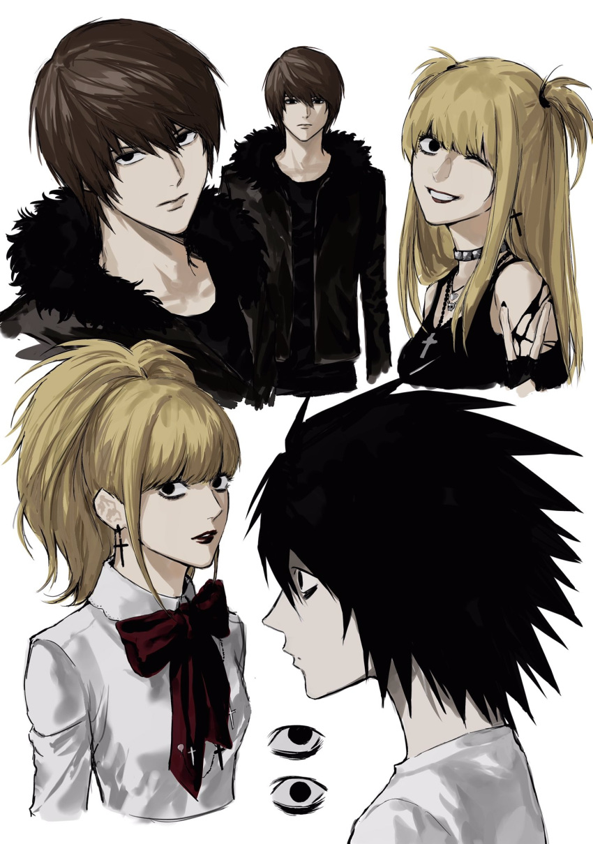 Safebooru - 1girl 2boys amane misa bags under eyes black eyes blonde hair brown hair choker ...