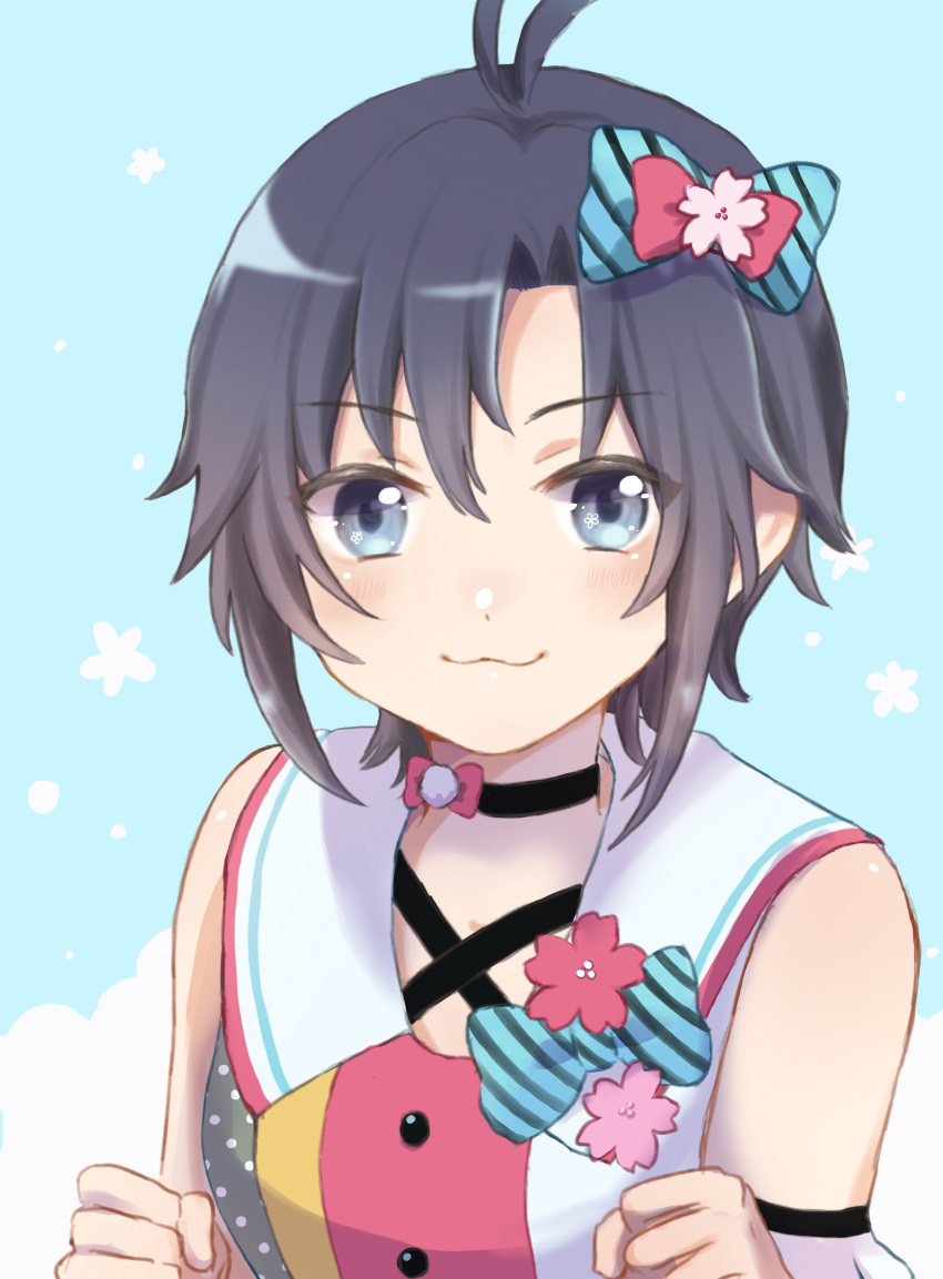 Safebooru - 1girl :3 absurdres antenna hair black hair blue background blue eyes blush bow bow ...