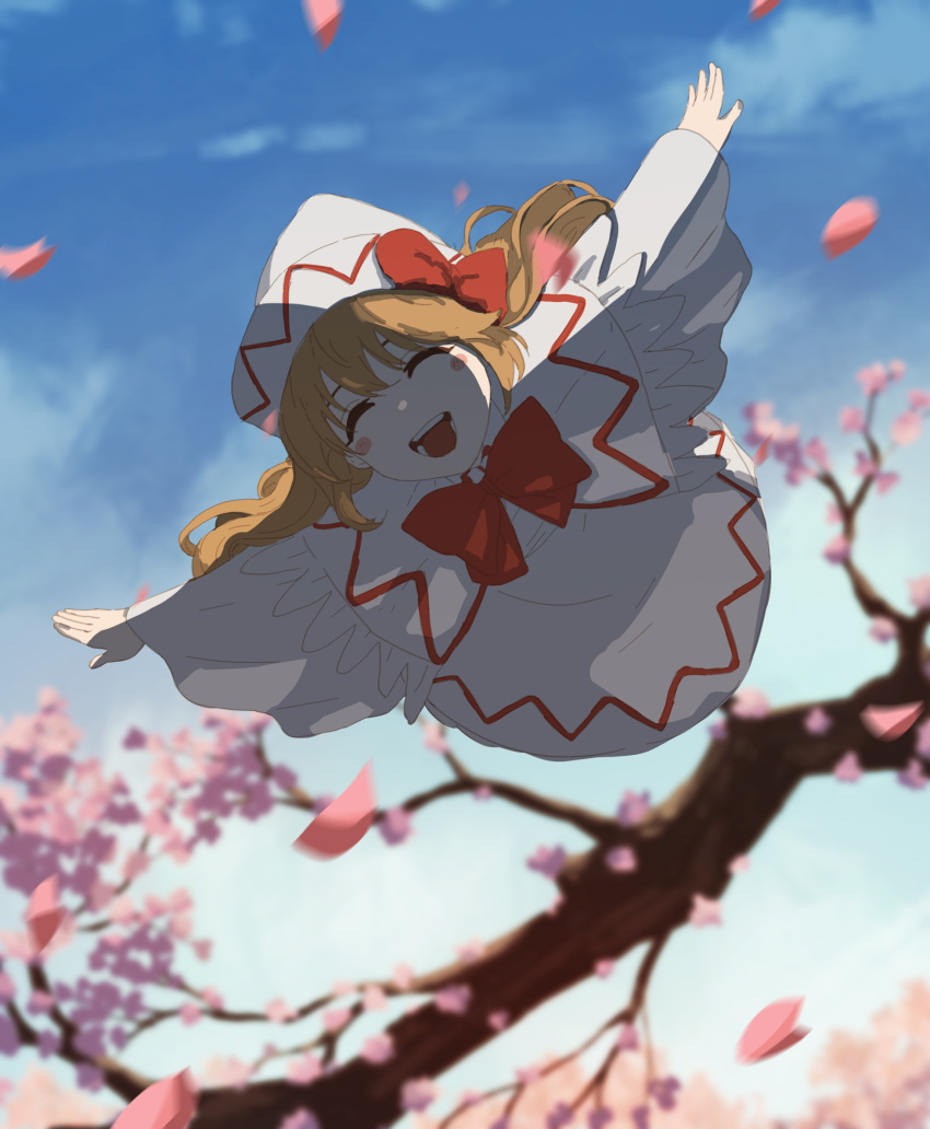 Safebooru - 1010kman 1girl blonde hair blue sky bow capelet cherry blossoms closed eyes day ...