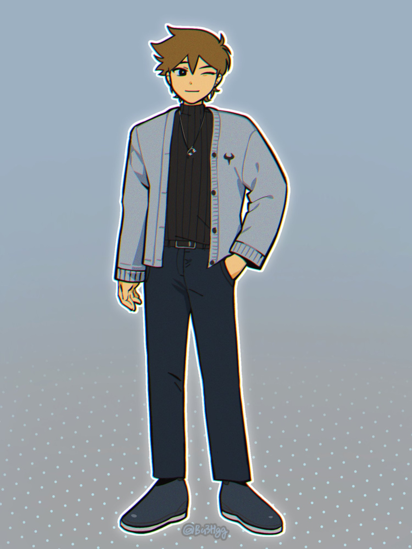 Safebooru - 1boy alternate costume artist name black eyes black pants black shoes black sweater ...
