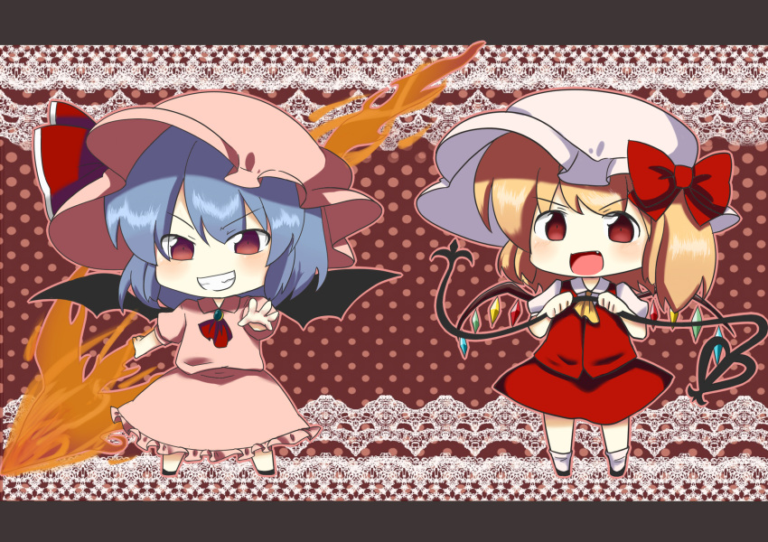 Safebooru - ascot bat wings blonde hair blue hair chibi fang flandre scarlet grin hat hat ribbon ...
