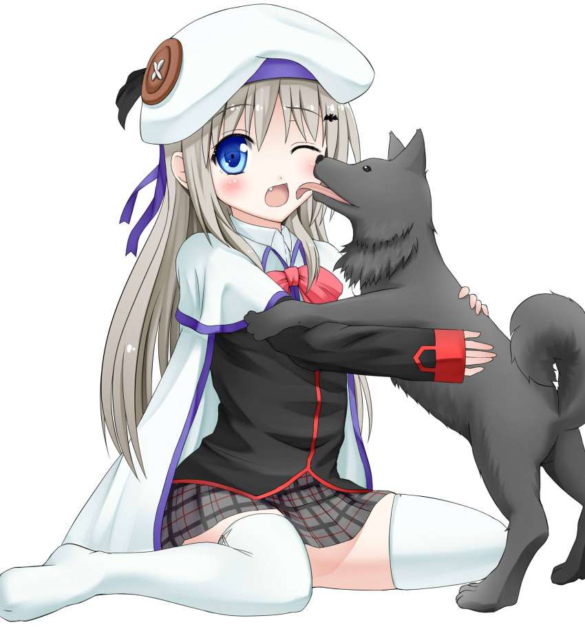 Safebooru - blue eyes cape dog fang hat highres licking little busters ...