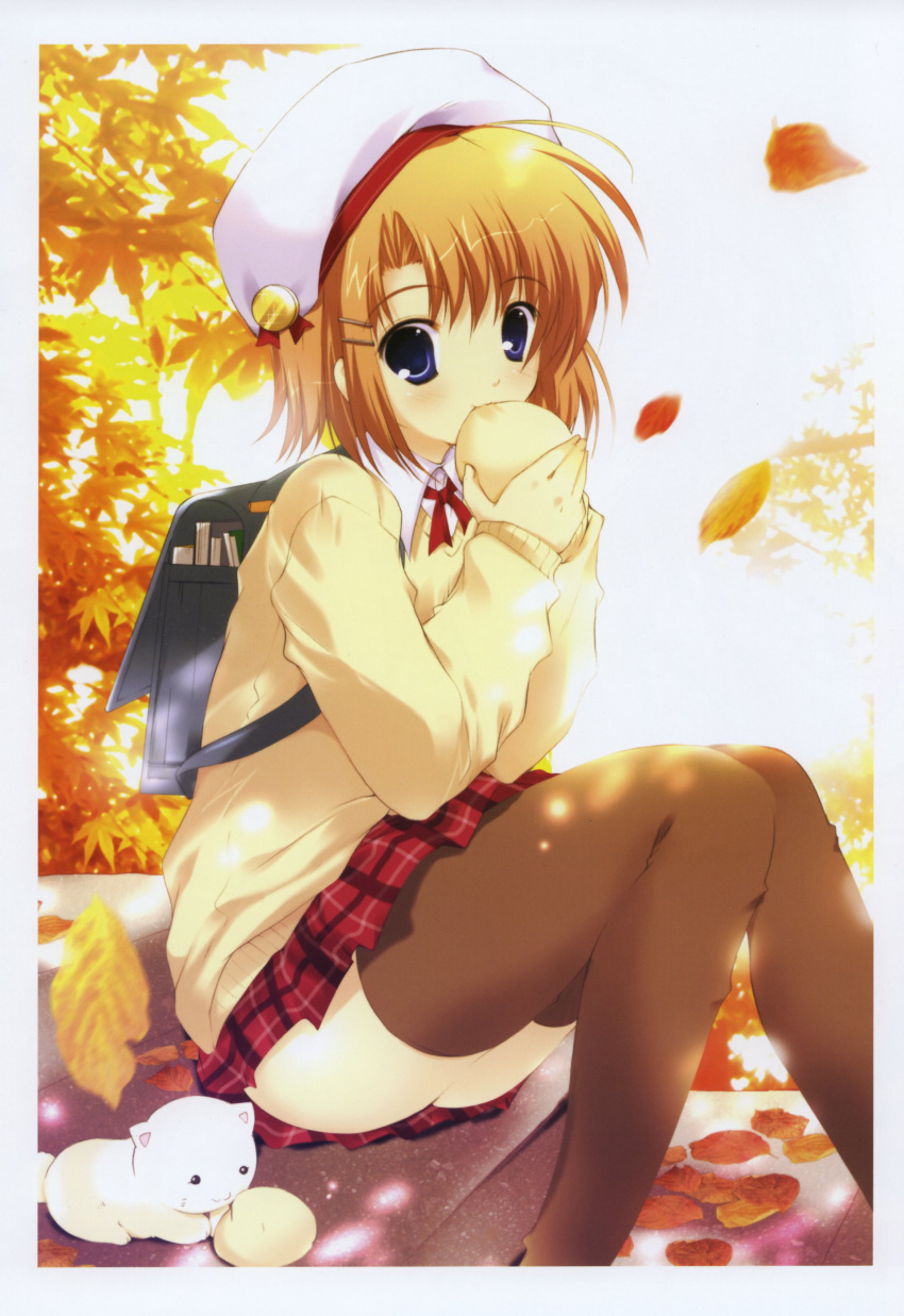 Safebooru - :3 absurdres autumn autumn leaves bag black legwear blue eyes brown hair cat ...