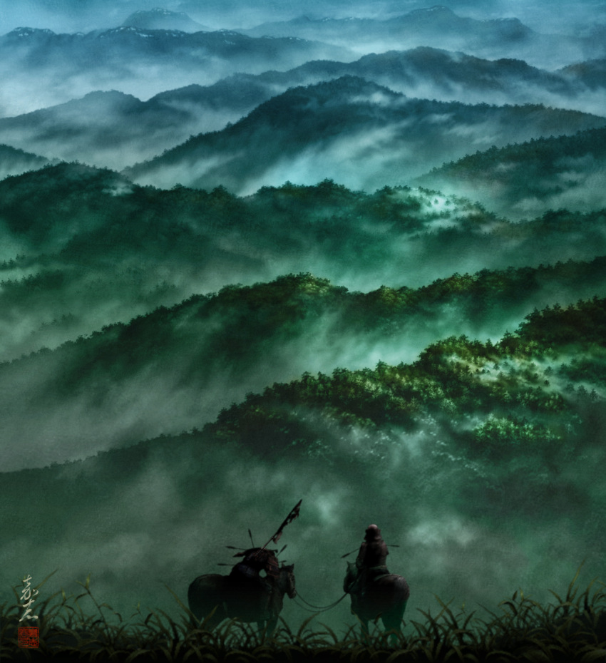 Safebooru - arrow cloud clouds flag forest highres horse kashi takahisa ...