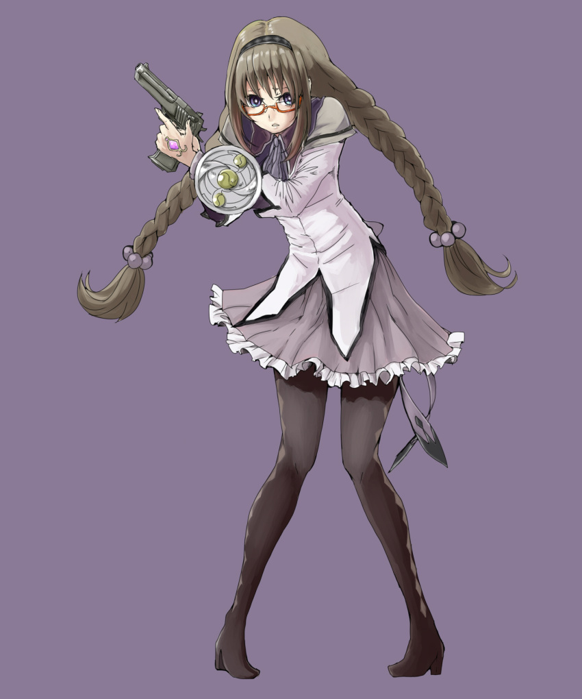 Safebooru - akemi homura argyle argyle legwear black hair braid glasses gun hairband handgun ...