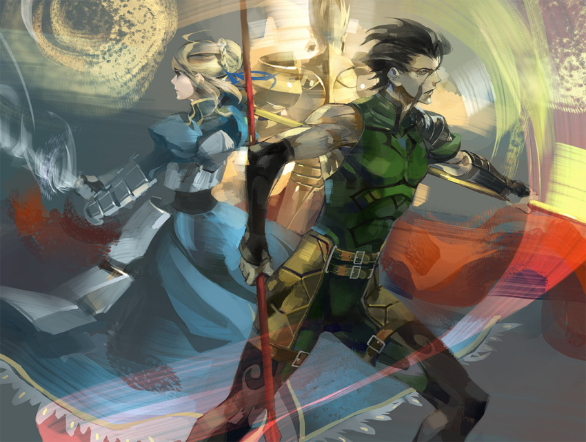 Safebooru - 2boys ahoge armor armored dress black hair blonde hair ...