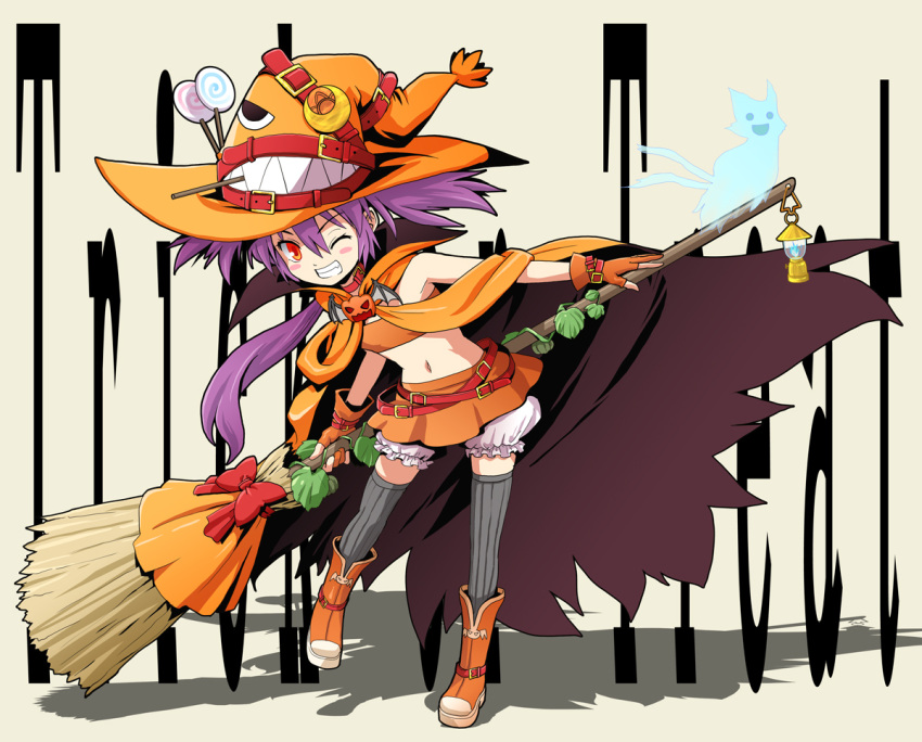 Safebooru - blush boots broom candy cat ghost grin halloween haniwa (leaf garden) hat lantern ...