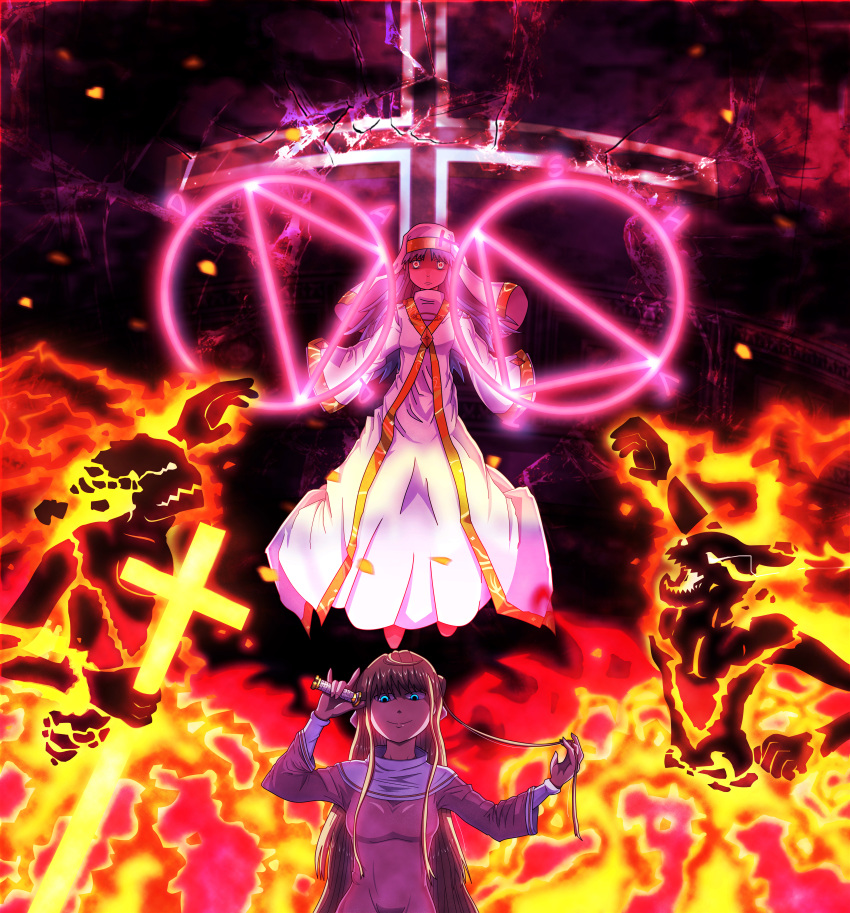Safebooru - absurdres blonde hair blue eyes cross fire gazing eye ...