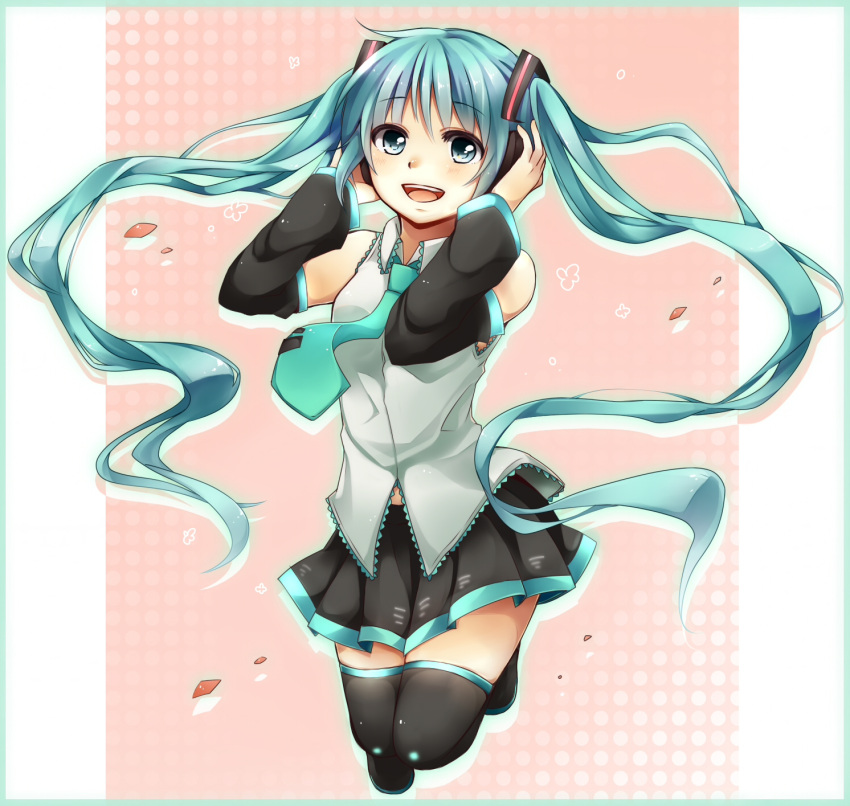 Safebooru - aqua eyes aqua hair boots colored detached sleeves hands on head hands on headphones ...