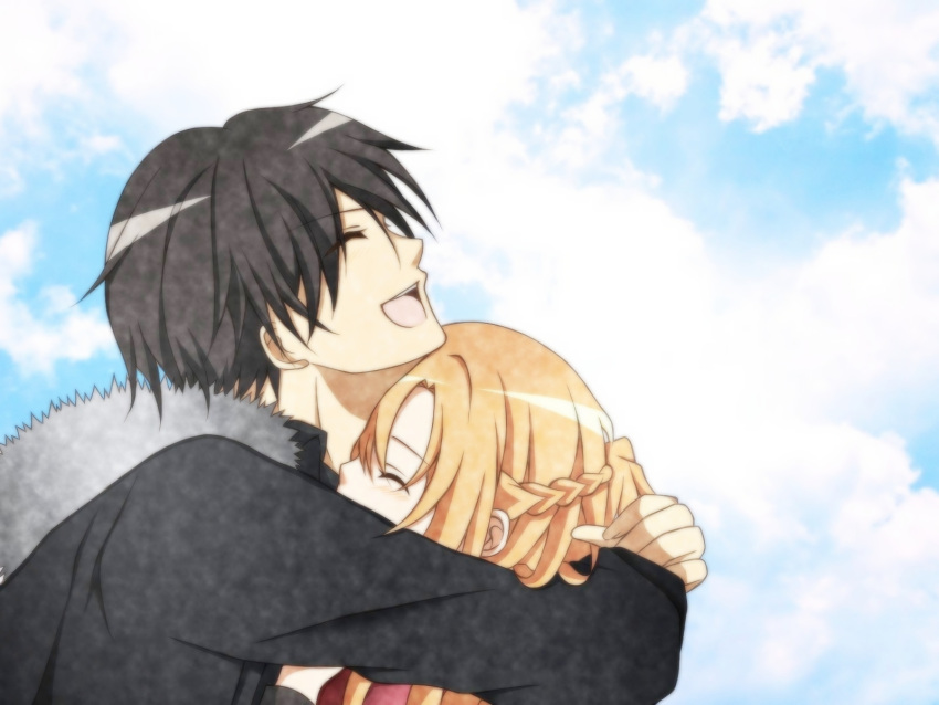 Safebooru - 1girl asuna (sao) black hair brown hair closed eyes couple eyes closed highres hug ...