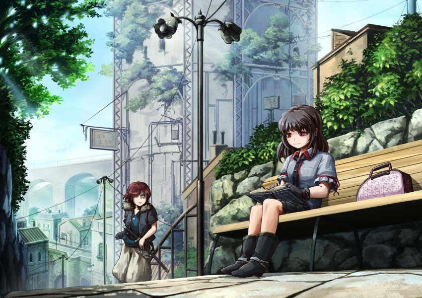 Safebooru - 1girl azumi (77612) bag bench black hair book building gloves lamppost original red ...