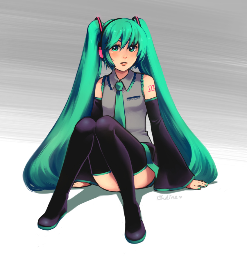 Safebooru - 1girl aqua eyes aqua hair bare shoulders black legwear blush boots detached sleeves ...