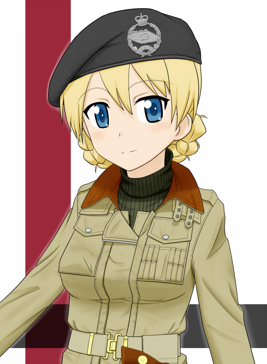 Safebooru - 1girl beret blonde hair blue eyes darjeeling girls und panzer hat jacket m1903 smile ...