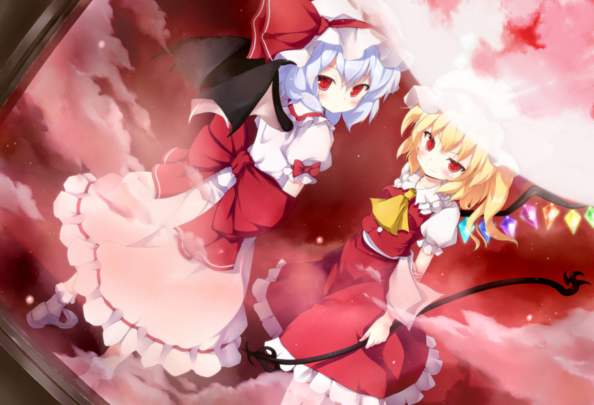 Safebooru - 2girls ascot bat wings blonde hair blush bow flandre scarlet hat laevatein long hair ...
