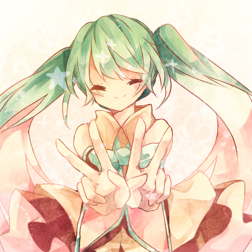 Safebooru - 1girl choko (alice vessaliuss) closed eyes double v green hair hatsune miku highres ...