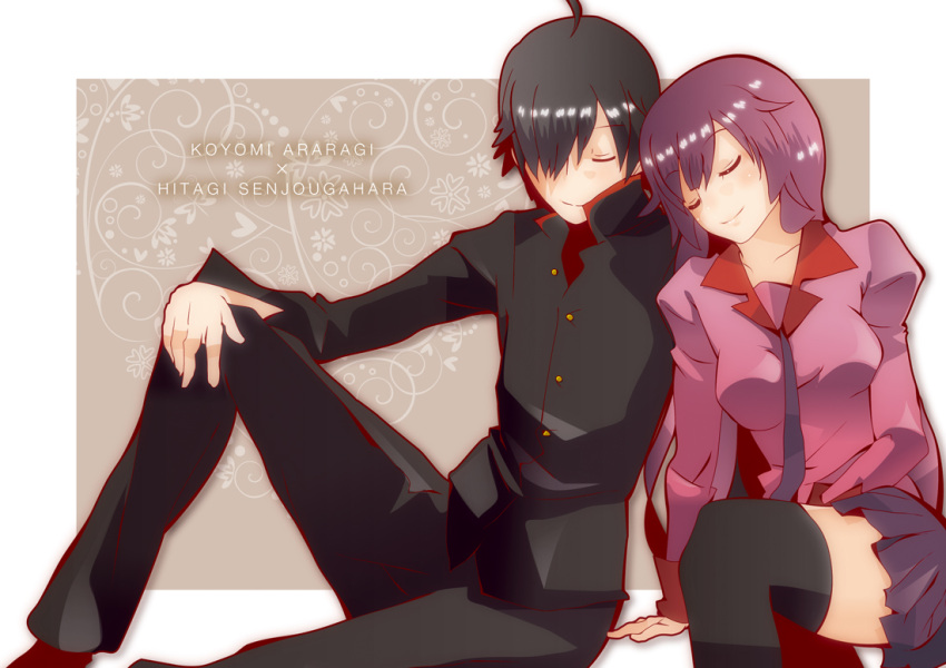 Safebooru - 1boy 1girl araragi koyomi bakemonogatari black hair closed eyes couple monogatari ...