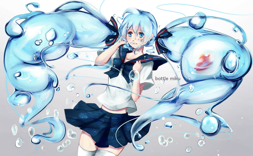 Safebooru - 1girl alternate costume aqua eyes aqua hair bottle miku bow character name fish hair ...
