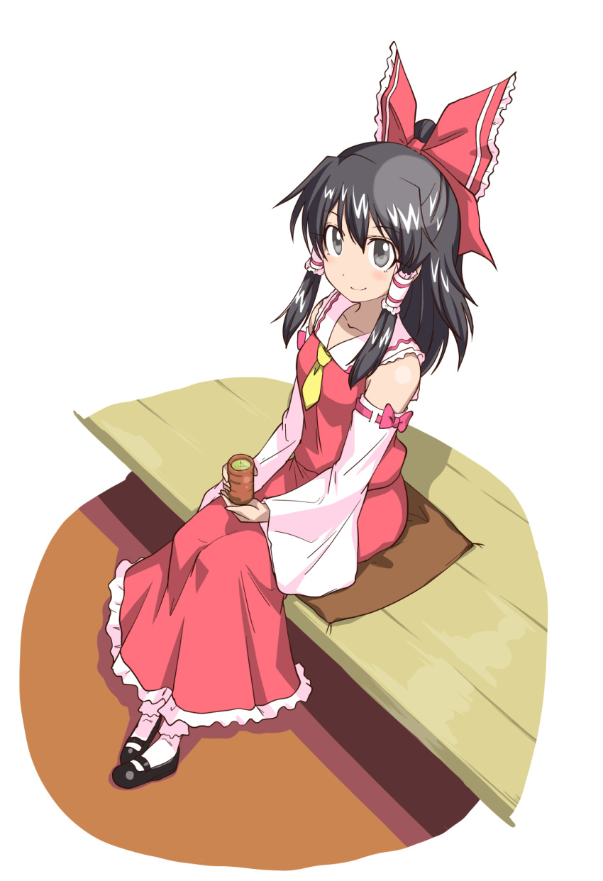 Safebooru - 1girl black hair bow cup detached sleeves grey eyes hair ...